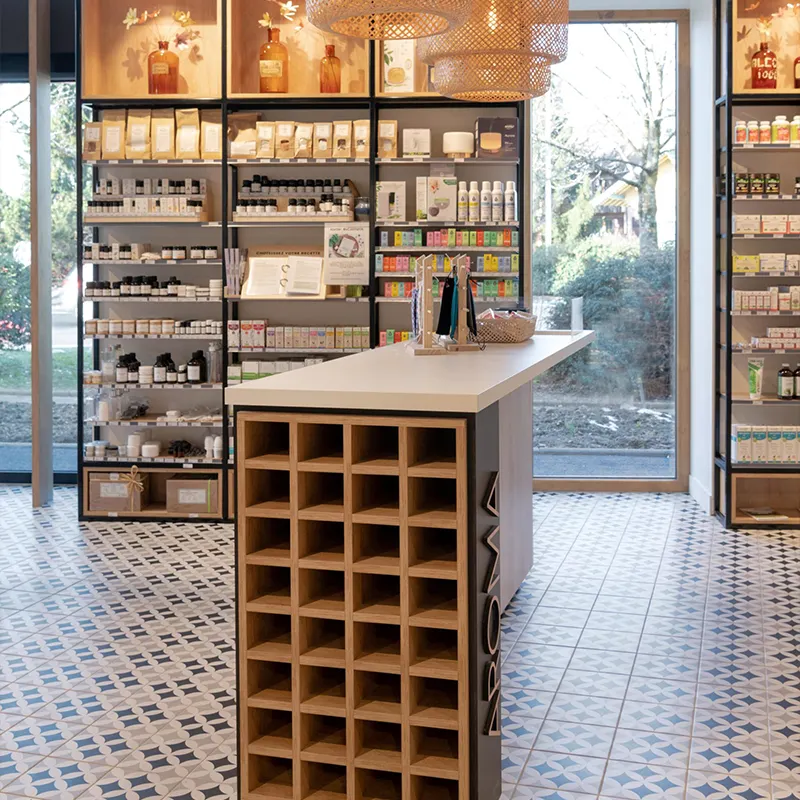 ONI Shopfitting pharmacy shop design with wooden pharmacy layout